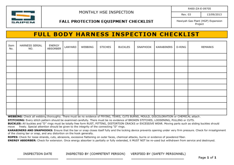 26. MONTHLY FULL BODY HARNESS INSPECTION CHECKLIST copy | PDF