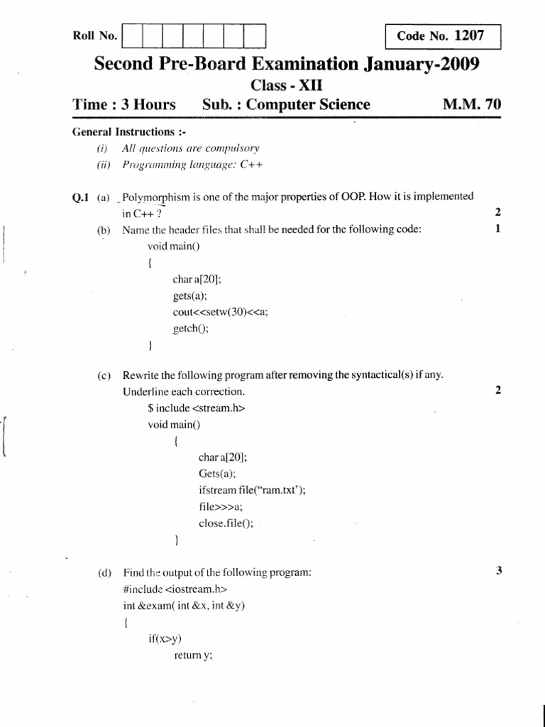 Second Pre Board Examination January 2009 Class Xii Time 3 Hours Sub Computer Science M M