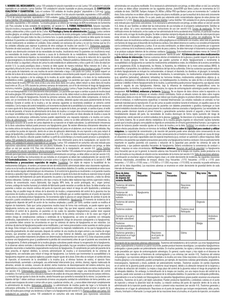 Ficha Tecnica Lantus | PDF | Hipoglucemia | Medicamentos con receta