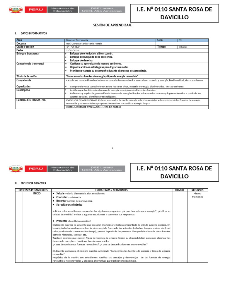 Sesion de Aprendizaje Conocemos Las Fuentes de Energía y Los Tipos de ...
