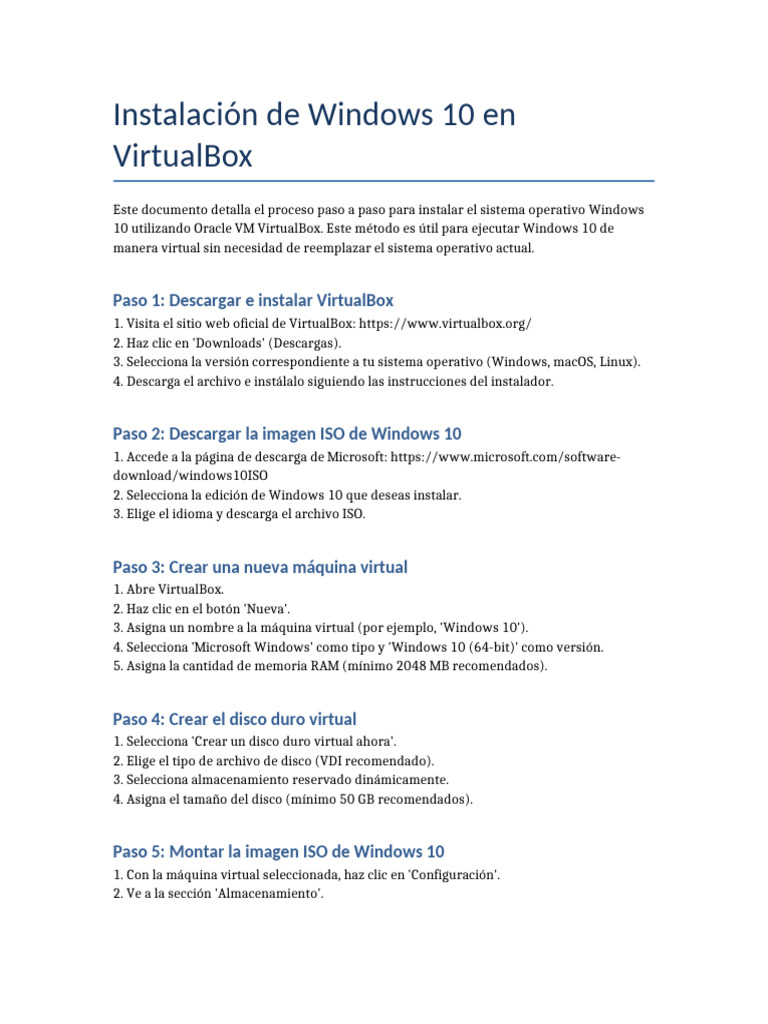 Paso A Paso Instalacion Windows10 en VirtualBox | PDF