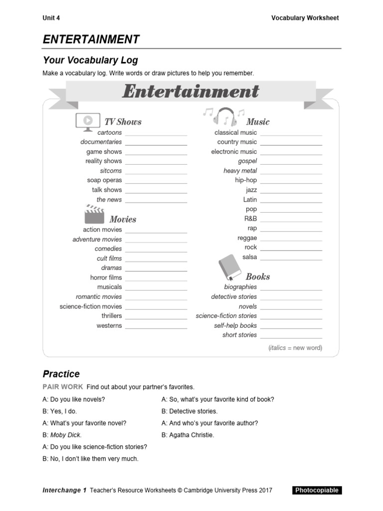 Interchange5thEd Level1 Unit04 Vocabulary Worksheet | PDF | Entertainment