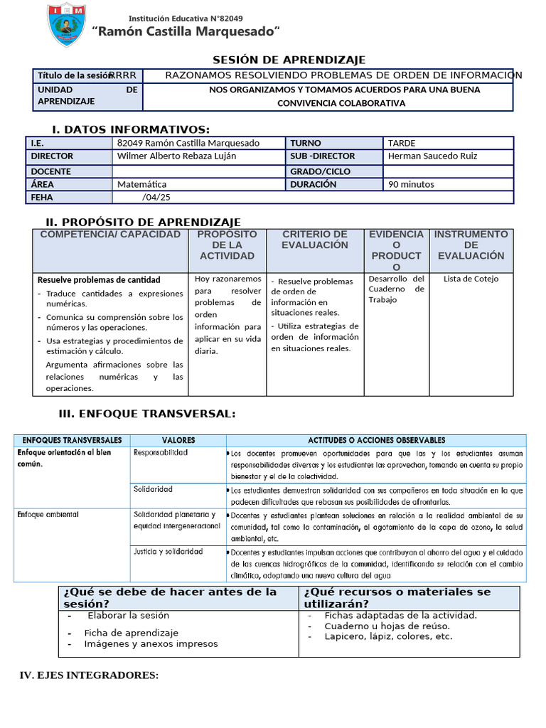 Sesión Mat Probl Orden Informacion | PDF | Aprendizaje