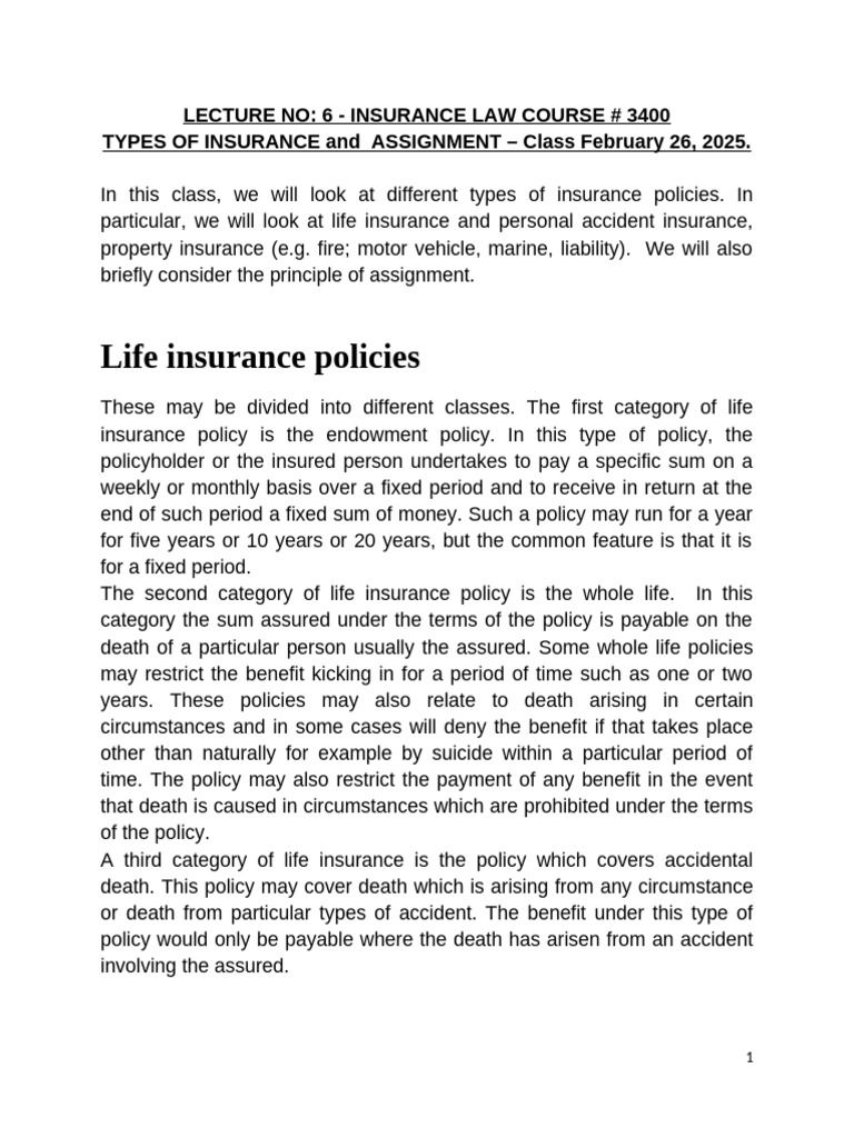Lecture 6 Types of Insurance and Assignment For Lecture On February ...
