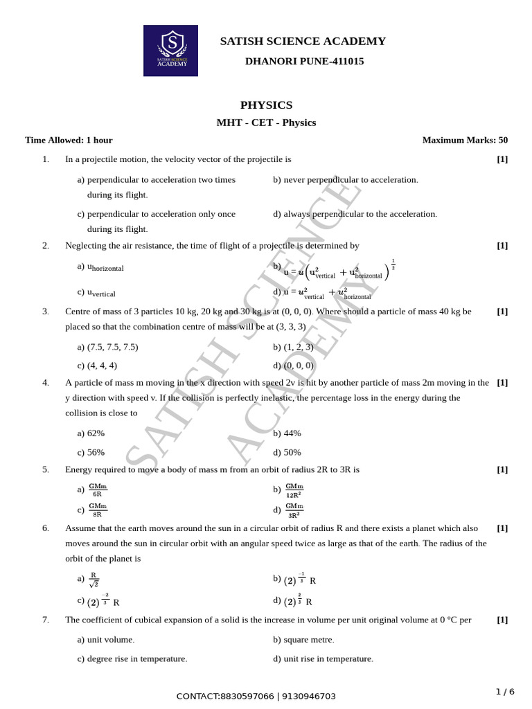 MHT-CET Physics Practice Questions | PDF | Angular Momentum | Capacitor