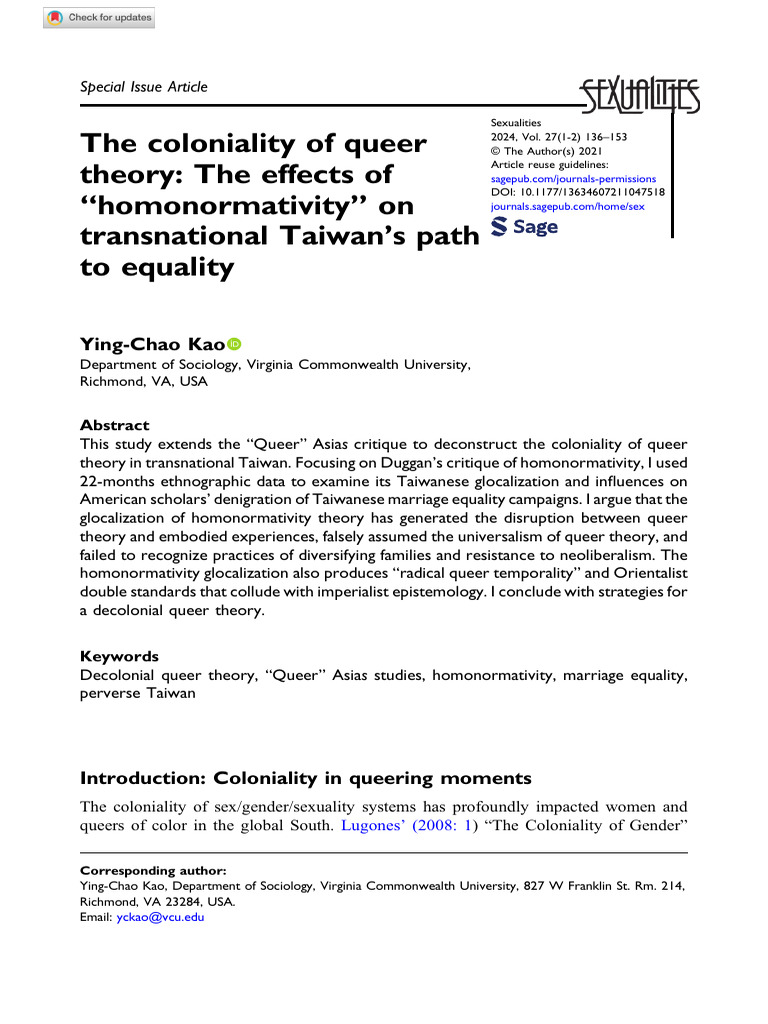 Kao 2021 The Coloniality of Queer Theory The Effects of Homonormativity ...