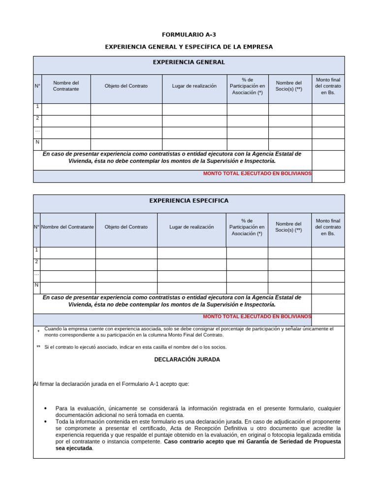 Formulario A-3: Experiencia Empresarial | PDF