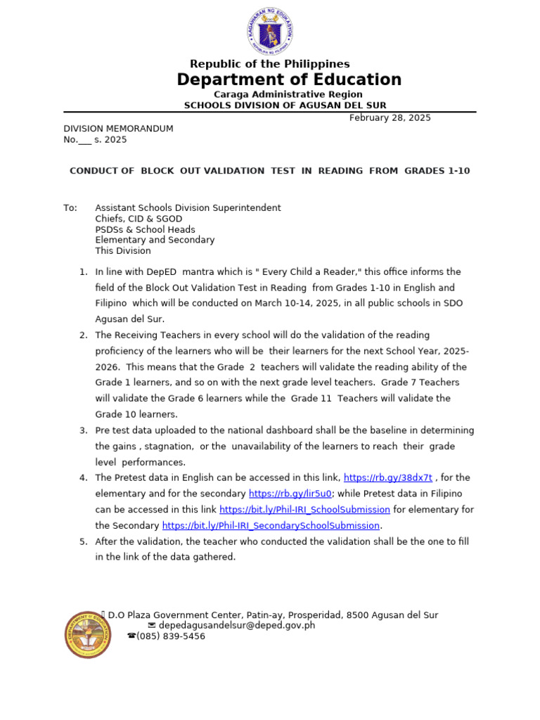 Memo On The Conduct of Block Out Validation Test in Reading From Grades ...