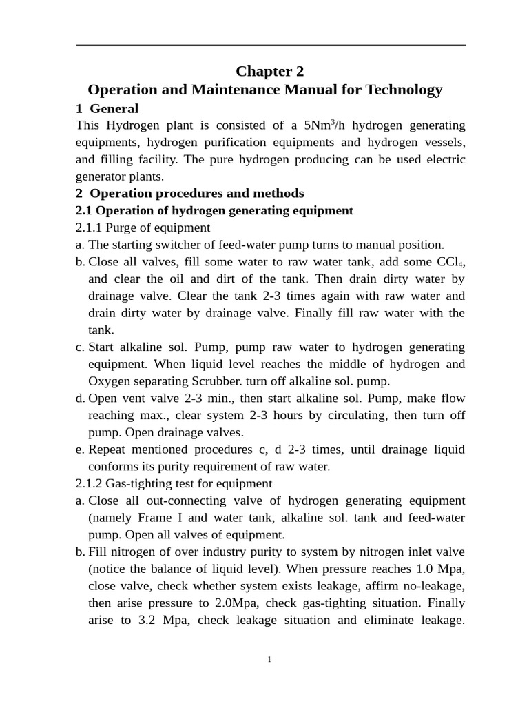 Hydrogen Plant Operation Manual | PDF | Valve | Pump
