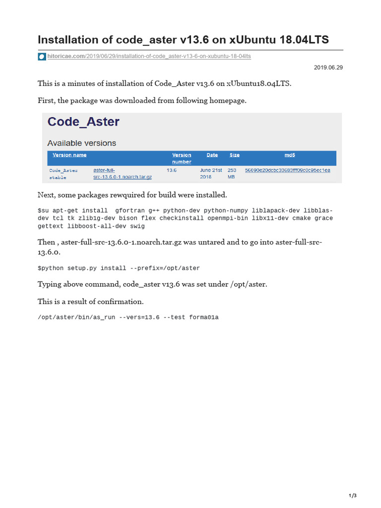 hitoricae.com-Installation of code_aster v136 on xUbuntu 1804LTS | PDF