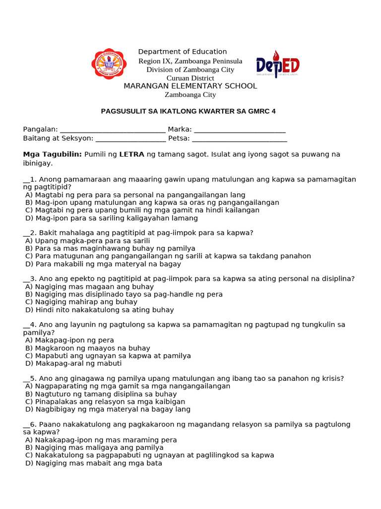 THIRD PERIODICAL TEST IN GRMC 4 (Re-Learn) | PDF