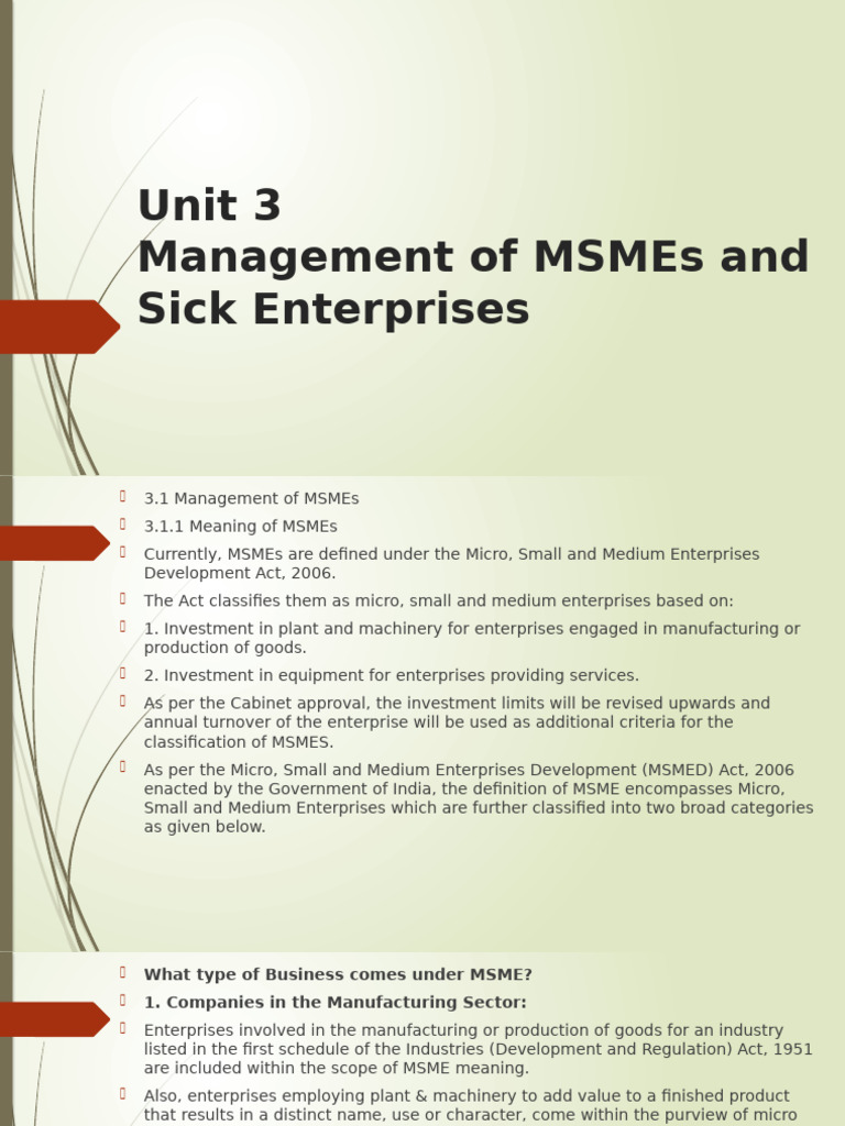 Unit 3-Managment of MSMEs and Sick Enterprises | PDF | Venture Capital ...