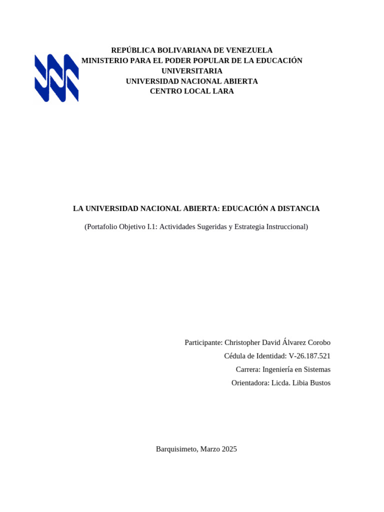 V2 - Unidad 1. Obj. I.1 Christopher Alvarez (26.187.521) | PDF | Educación a distancia | Aprendizaje