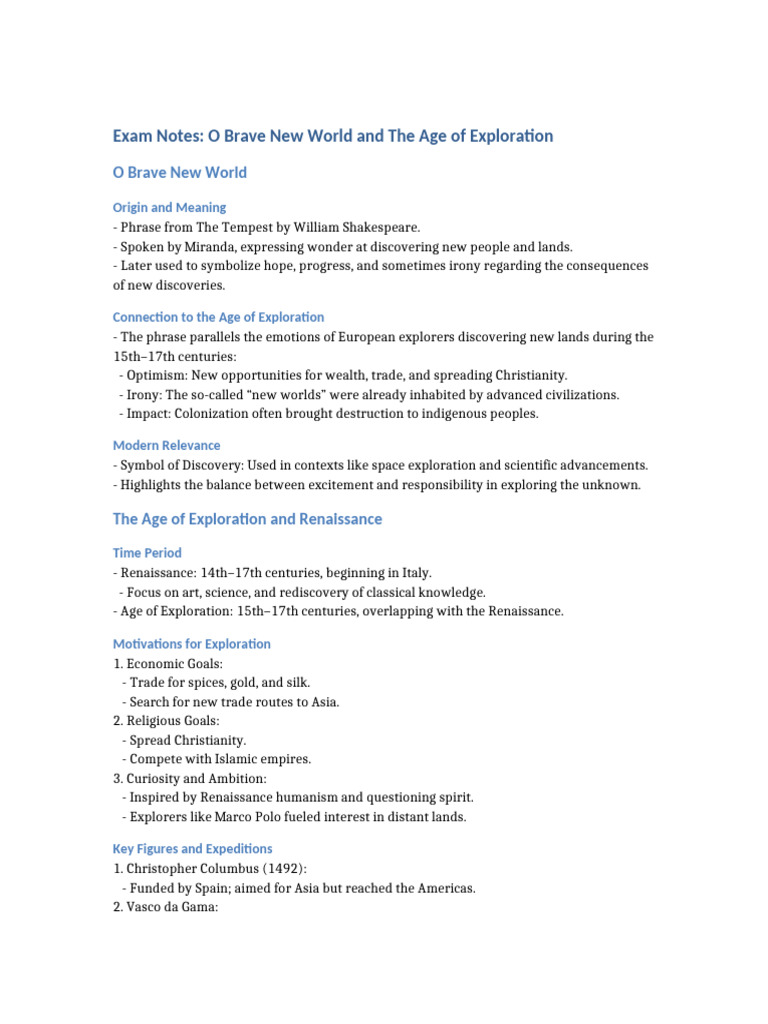 O Brave New World and Exploration Notes | PDF | Age Of Discovery | New ...