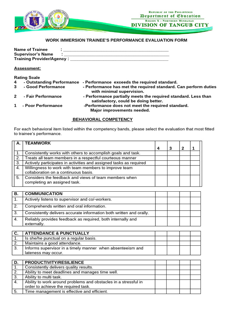 Work Immersion Trainee Evaluation Form | PDF | Performance Appraisal | Cognition