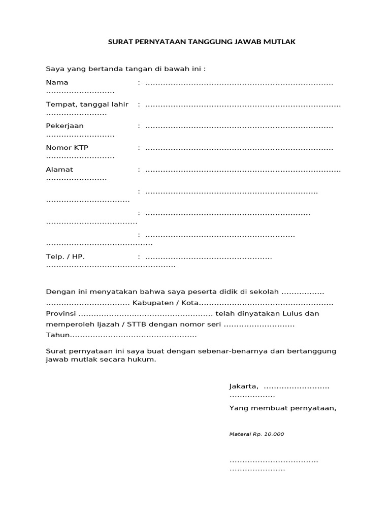 Surat Pernyataan Tanggung Jawab Mutlak | PDF