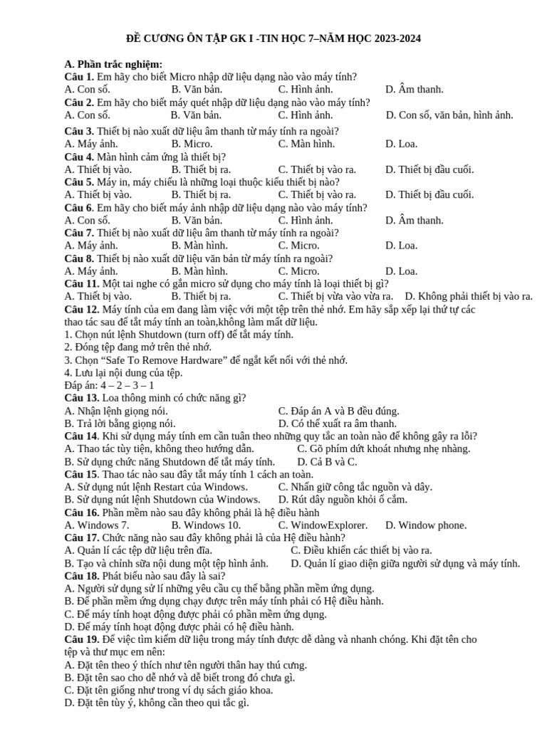 Đề cương ôn tập gk1 tin 7 | PDF