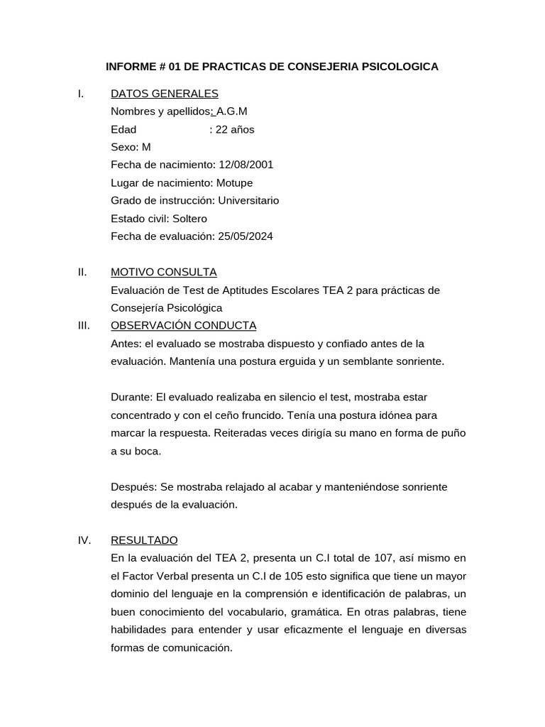 Informe de Practicas de Consejeria Psicologica-tea | PDF | Sicología | Autismo