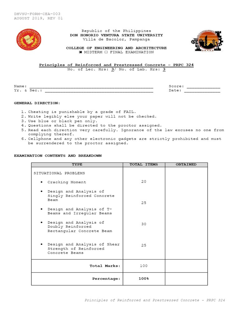 Answer Key Midterm Exam PRPC324 | PDF | Beam (Structure) | Reinforced Concrete