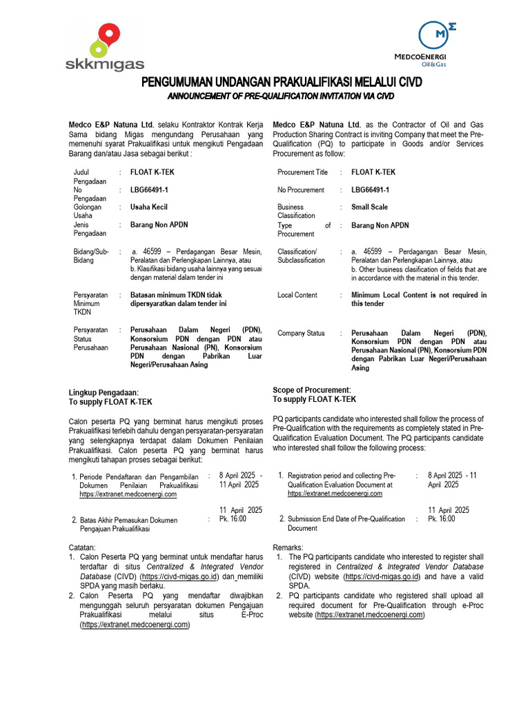 Pengadaan FLOAT K-TEK oleh Medco E&P | PDF