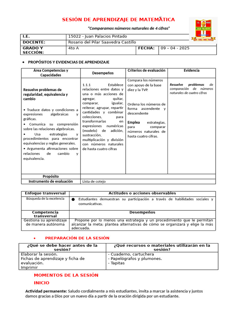SES MATE COMPARAMOS N° CUATRO CIFRAS | PDF | Aprendizaje | Modificación de comportamiento