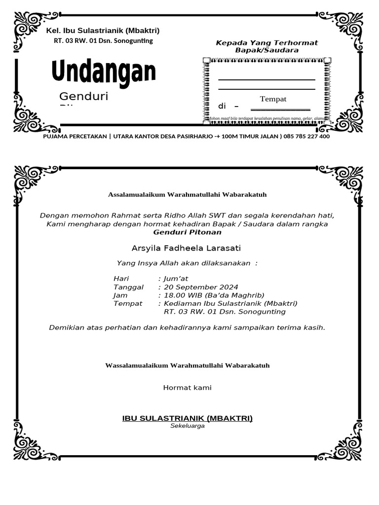 Model Undangan Genduri pitonan | PDF