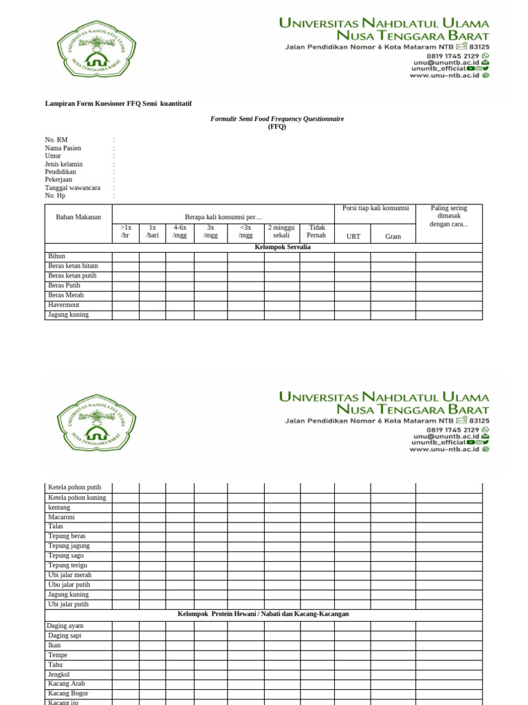Formulir Kuesioner FFQ Semi Kuantitatif | PDF