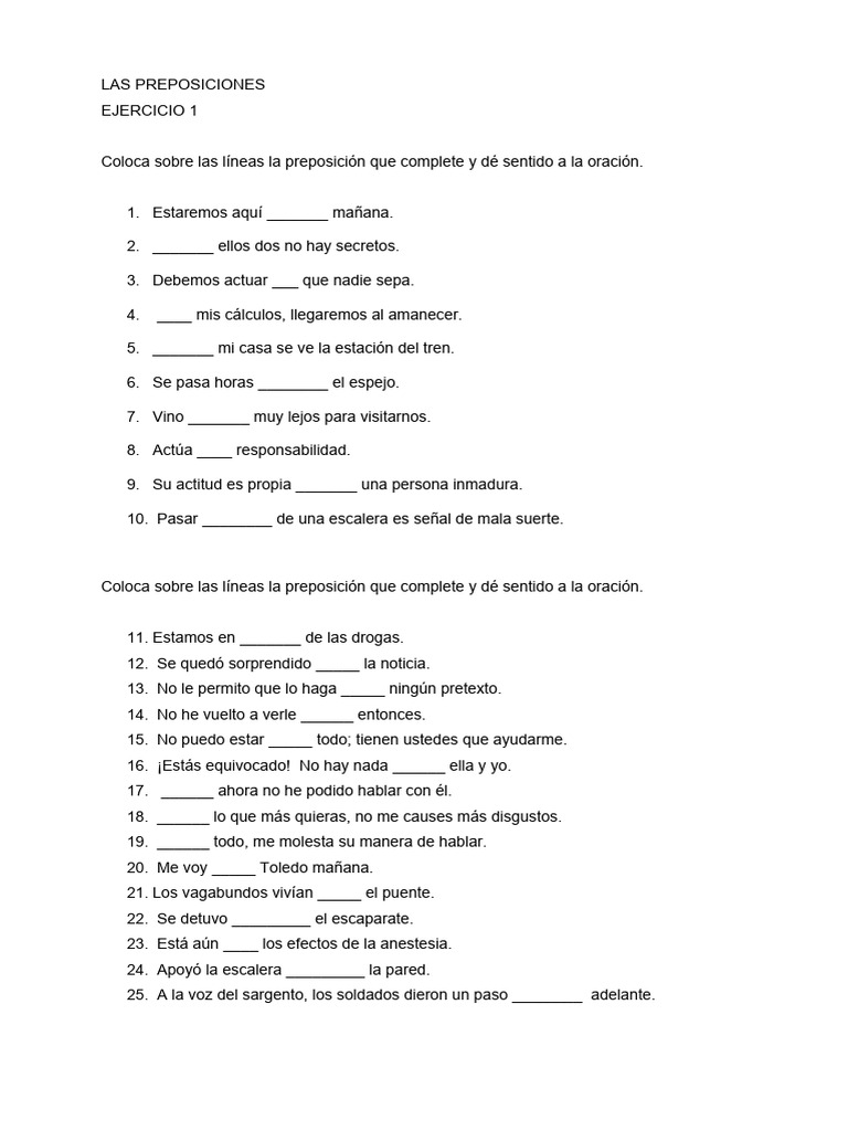 Las Preposiciones - Ejercicio 1 | PDF