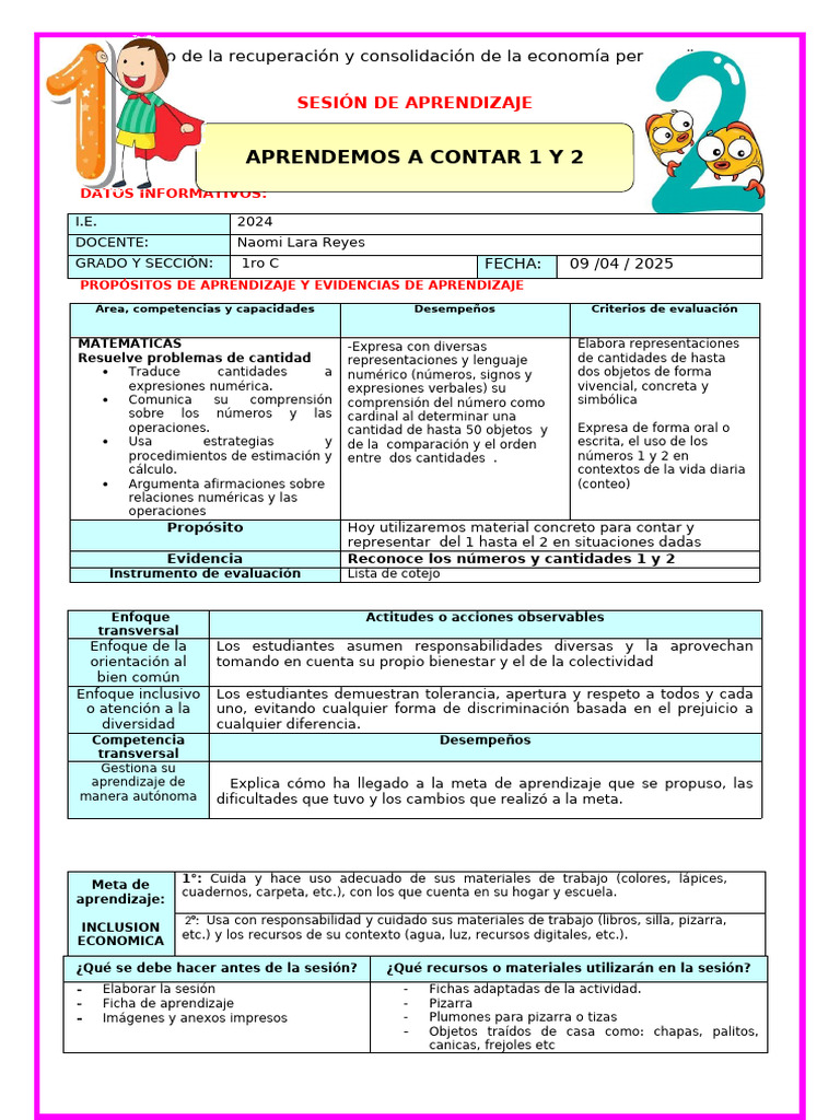 Aprendiendo a Contar 1 y 2 en Clase | PDF | Aprendizaje