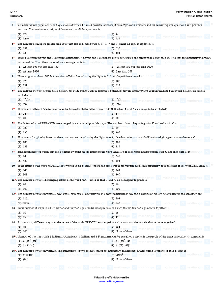 DPP Permutations & Combinations | PDF | Mathematical Concepts | Mathematics