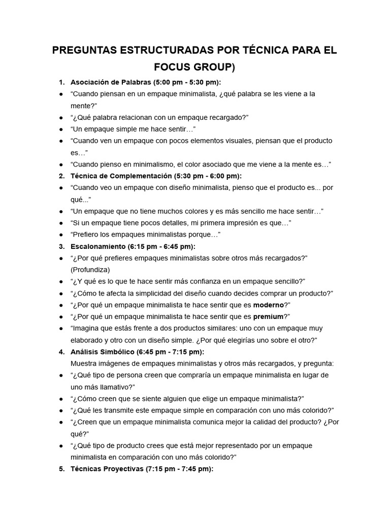 PREGUNTAS ESTRUCTURADAS POR TÉCNICA PARA EL FOCUS GROUP) | PDF | Minimalismo
