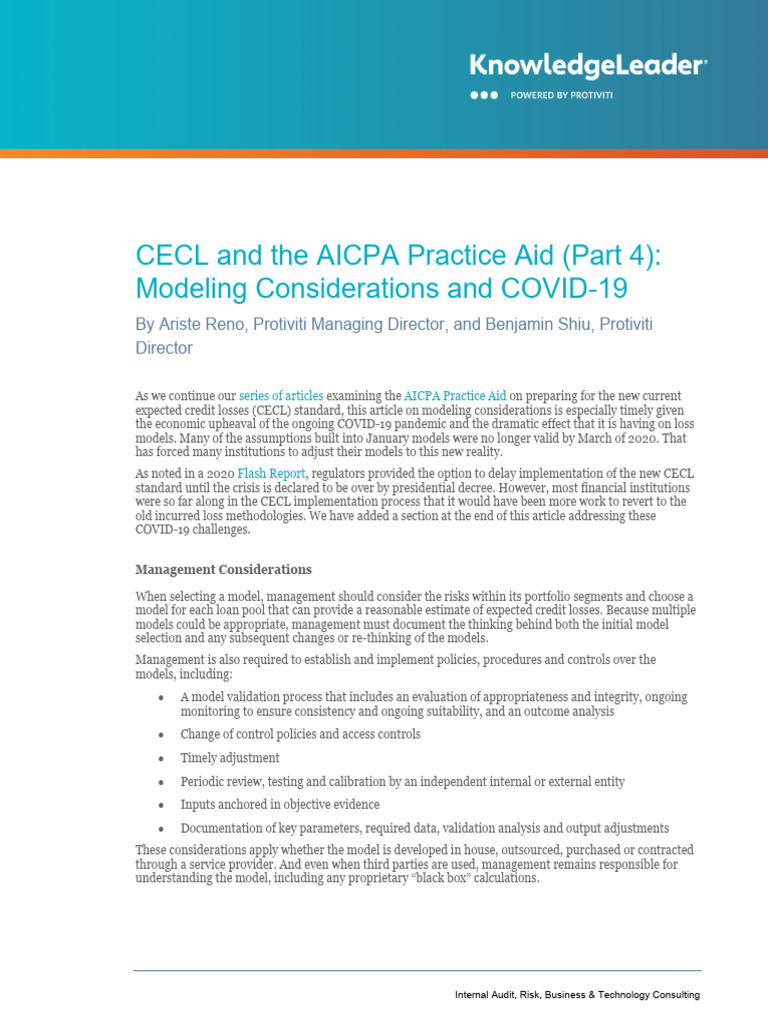 CECL and the AICPA Practice Aid (Part 4) Modeling Considerations and COVID-19 | PDF | Audit | Risk