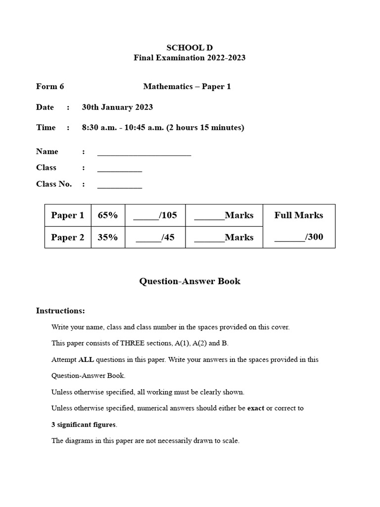Form 6 Mathematics Exam Paper 2023 | PDF | Vertex (Graph Theory) | Mean