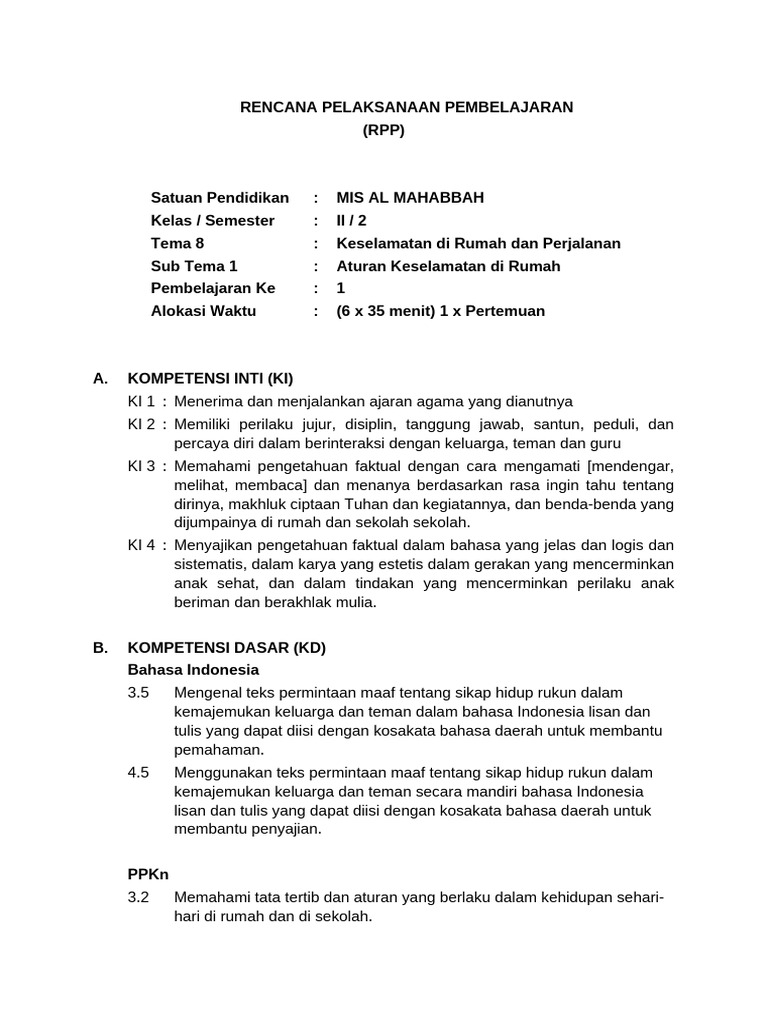 RPP SD KELAS 2 SEMESTER 2 - Keselamatan Di Rumah Dan Perjalanan | PDF
