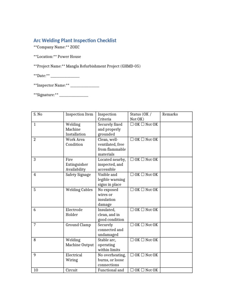 Arc Welding Inspection Checklist ZOEC | PDF | Welding | Construction