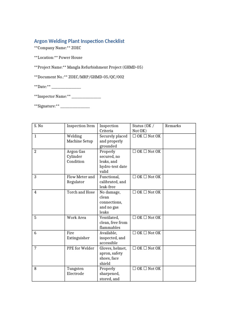 Argon Welding Inspection Checklist ZOEC | PDF | Welding | Construction