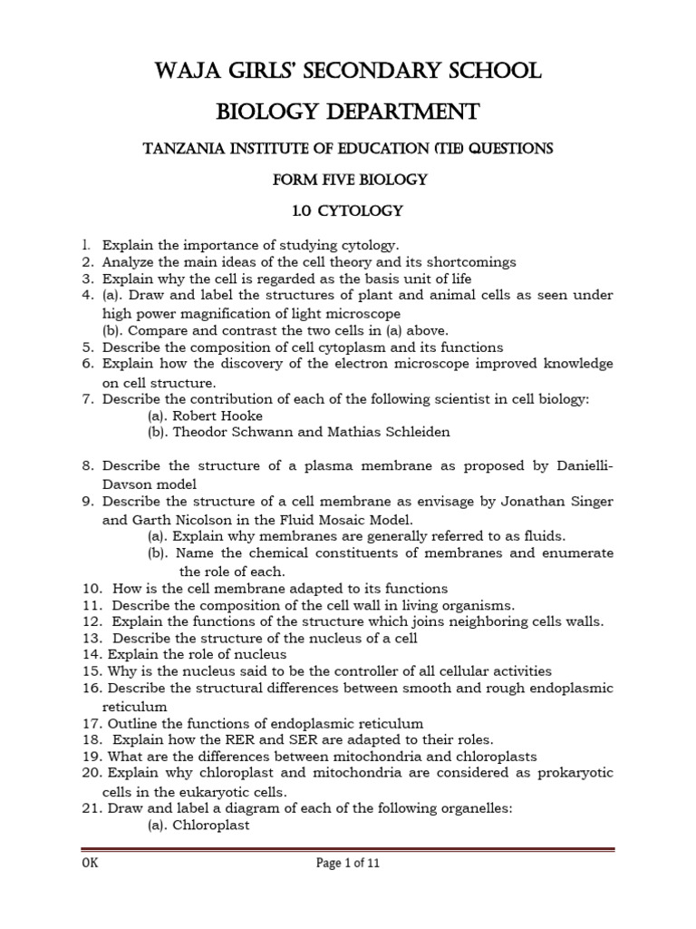 Form Five Biology Cytology Questions | PDF | Cell (Biology) | Enzyme