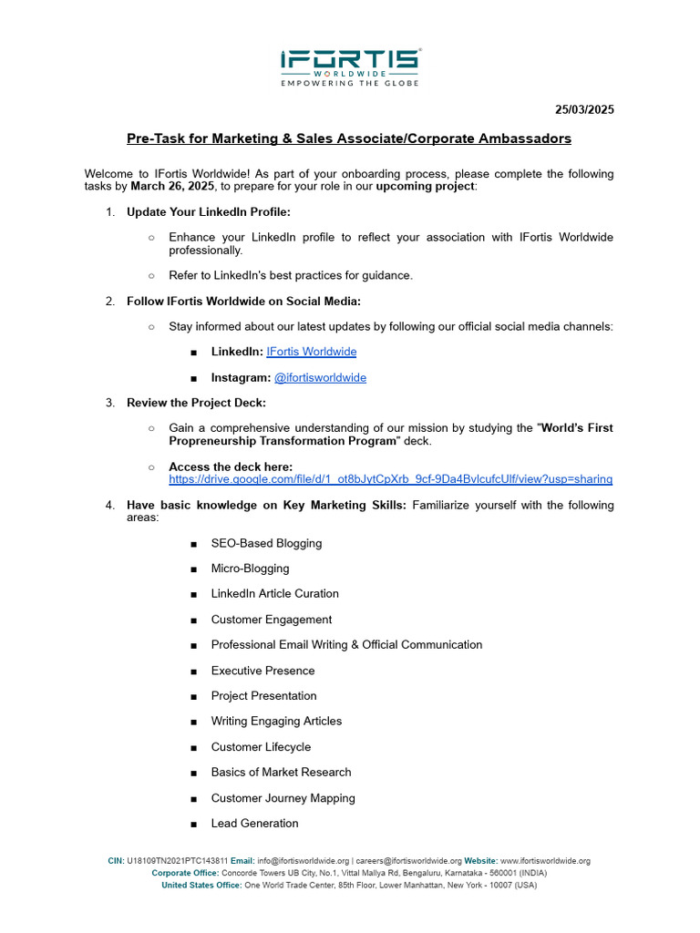 Pre-Task For Marketing & Sales Associate - Corporate Ambassadors | PDF ...