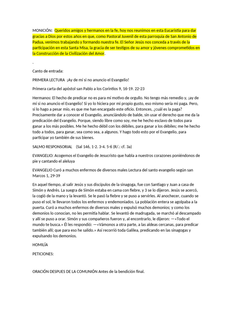MONICIÓN | PDF | eucaristía | Jesús