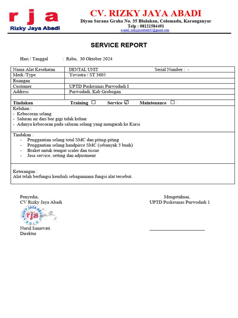 Service Report & Foto Pekerjaan PERBAIKAN DENTAL UNIT | PDF