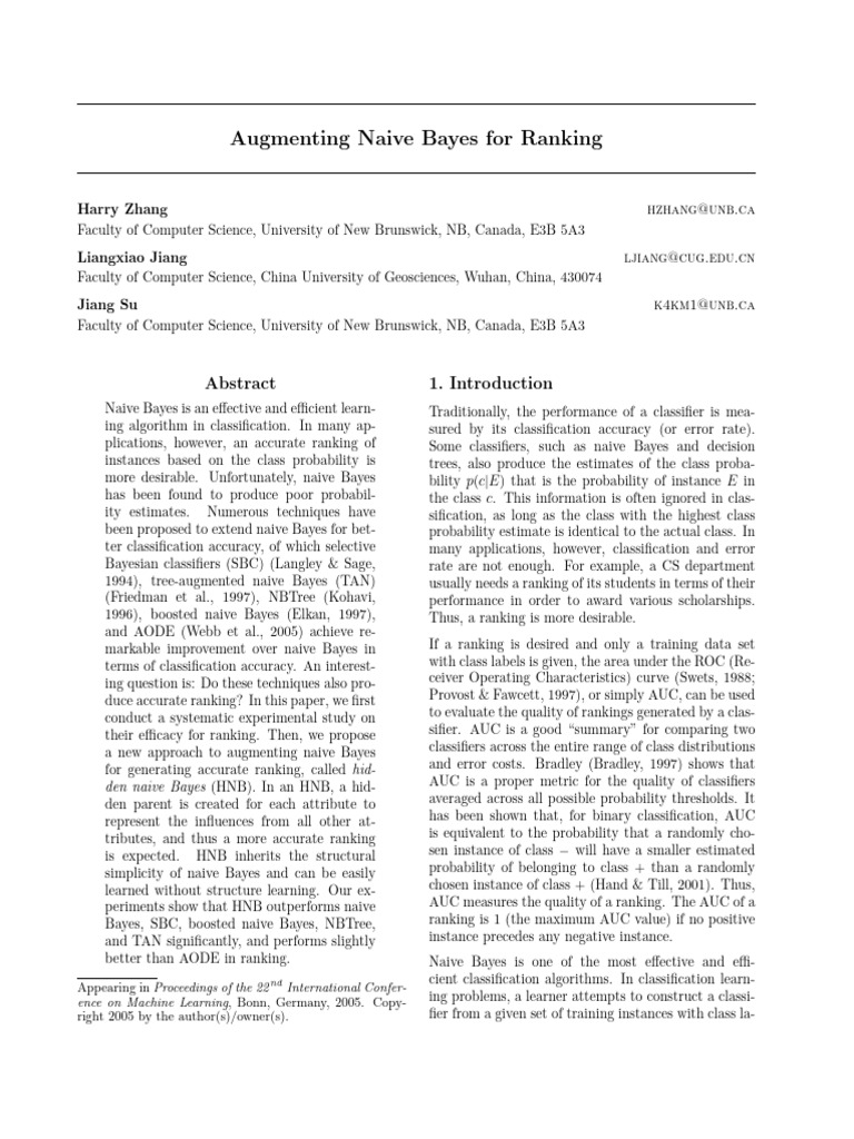 Augmenting Naive Bayes for Ranking | PDF | Receiver Operating Characteristic | Machine Learning
