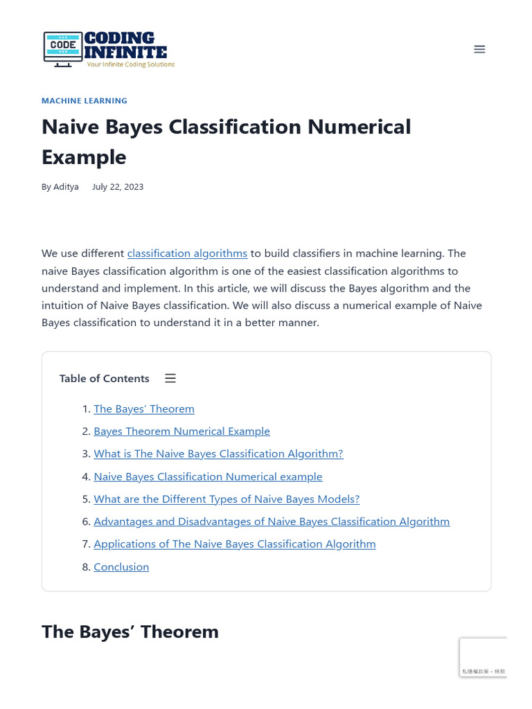 Naive Bayes Classification Numerical Example - Coding Infinite | PDF | Statistical ...
