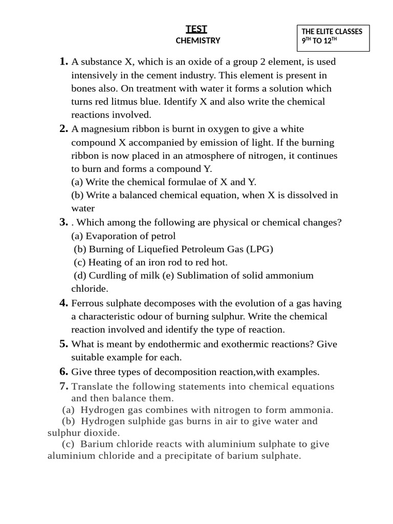 Chy 10th Class Chapter 1 | PDF | Chemical Reactions | Hydrogen