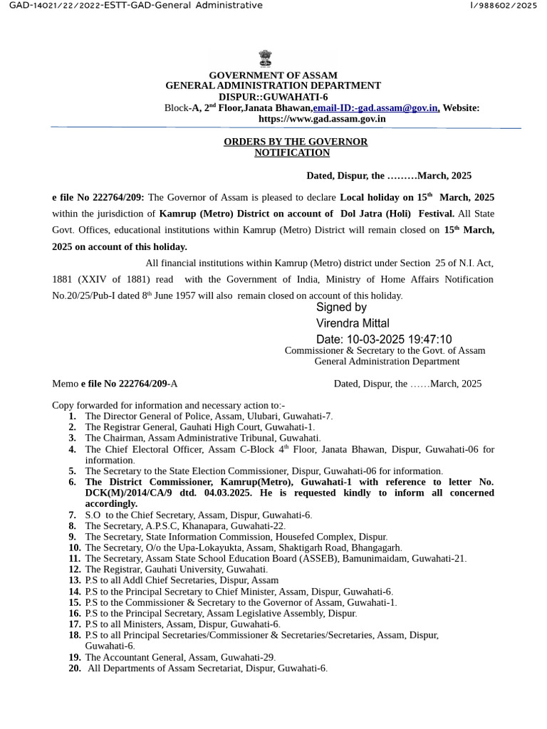 Local Holiday in Kamrup Metro on Holi | PDF | Government Of India ...