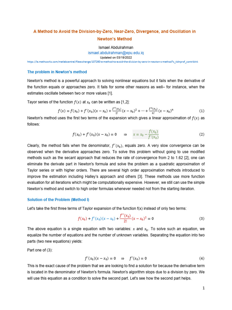 AMethodto Avoidthe Divisionby Zeroin Newton Method | PDF | Quadratic Equation | Equations