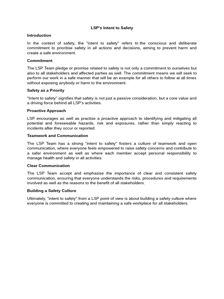 LSP Intent To Safety Mar 25 | PDF