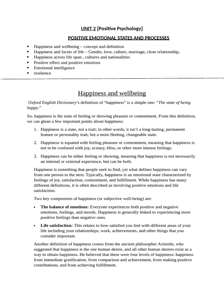 UNIT 2 Positive Psychology | PDF | Happiness | Well Being
