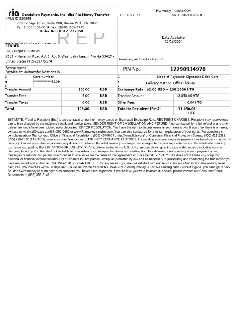 Ria Money Transfer Transaction Details | PDF | Wire Transfer | Money