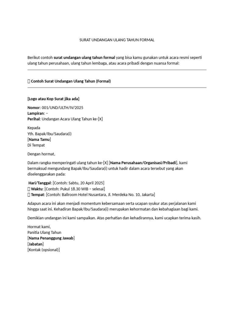 Contoh Surat Undangan Ulang Tahun Formal | PDF