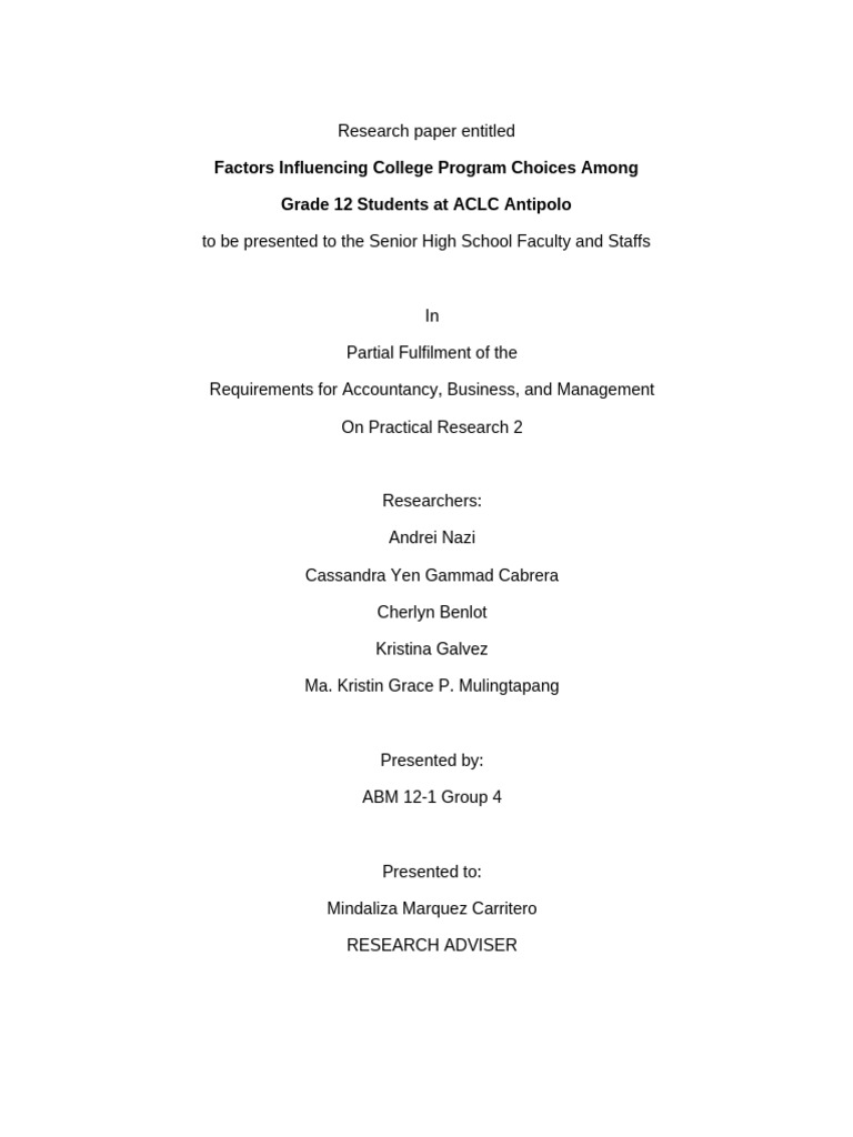 Influences on College Choices at ACLC Antipolo | PDF | Attitude ...